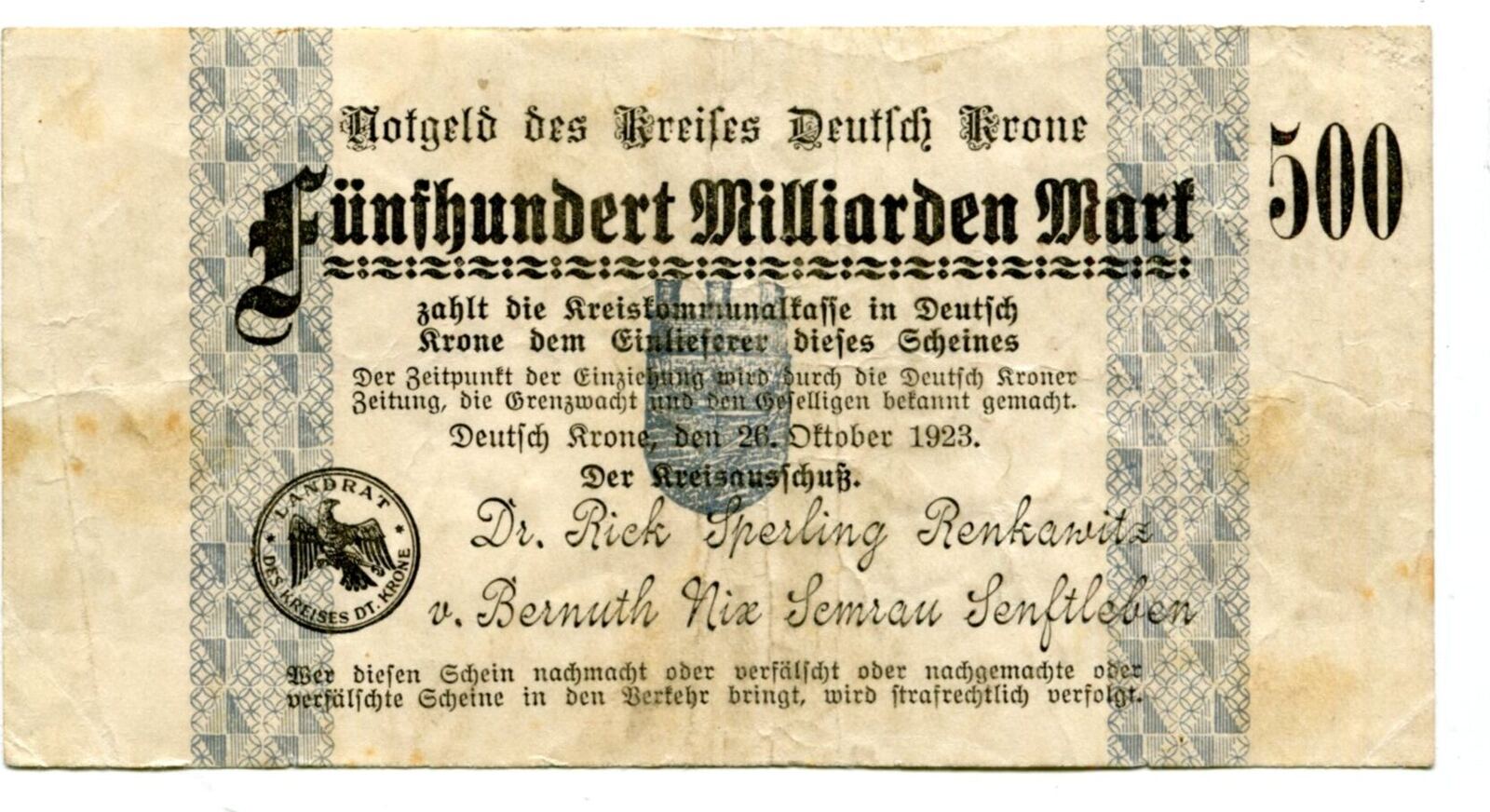 Westpreußen 500 Md. Mk. 26.10.1923 Deutsch Krone, II | MA-Shops