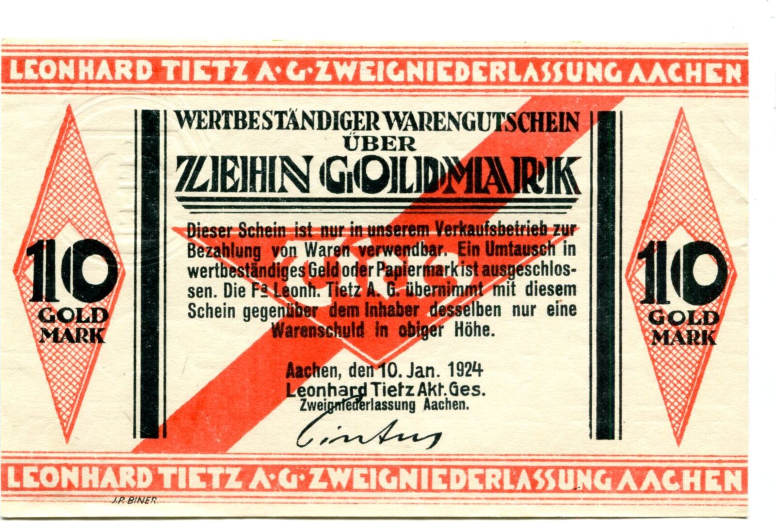 Rheinland 10 Gmk. 10.1.1924 Aachen, I/I- | MA-Shops