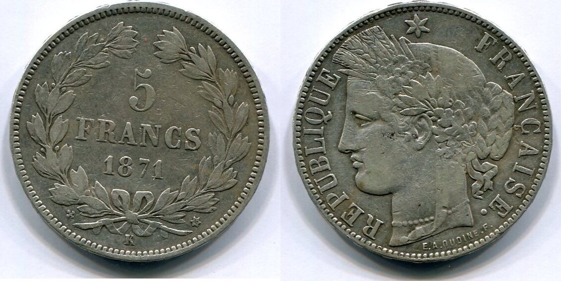 Frankreich 5 Francs 1871 K ~ Republique ~ ss | MA-Shops
