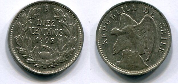 Chile 10 Centavos 1908 ~ Republik ~ ss | MA-Shops