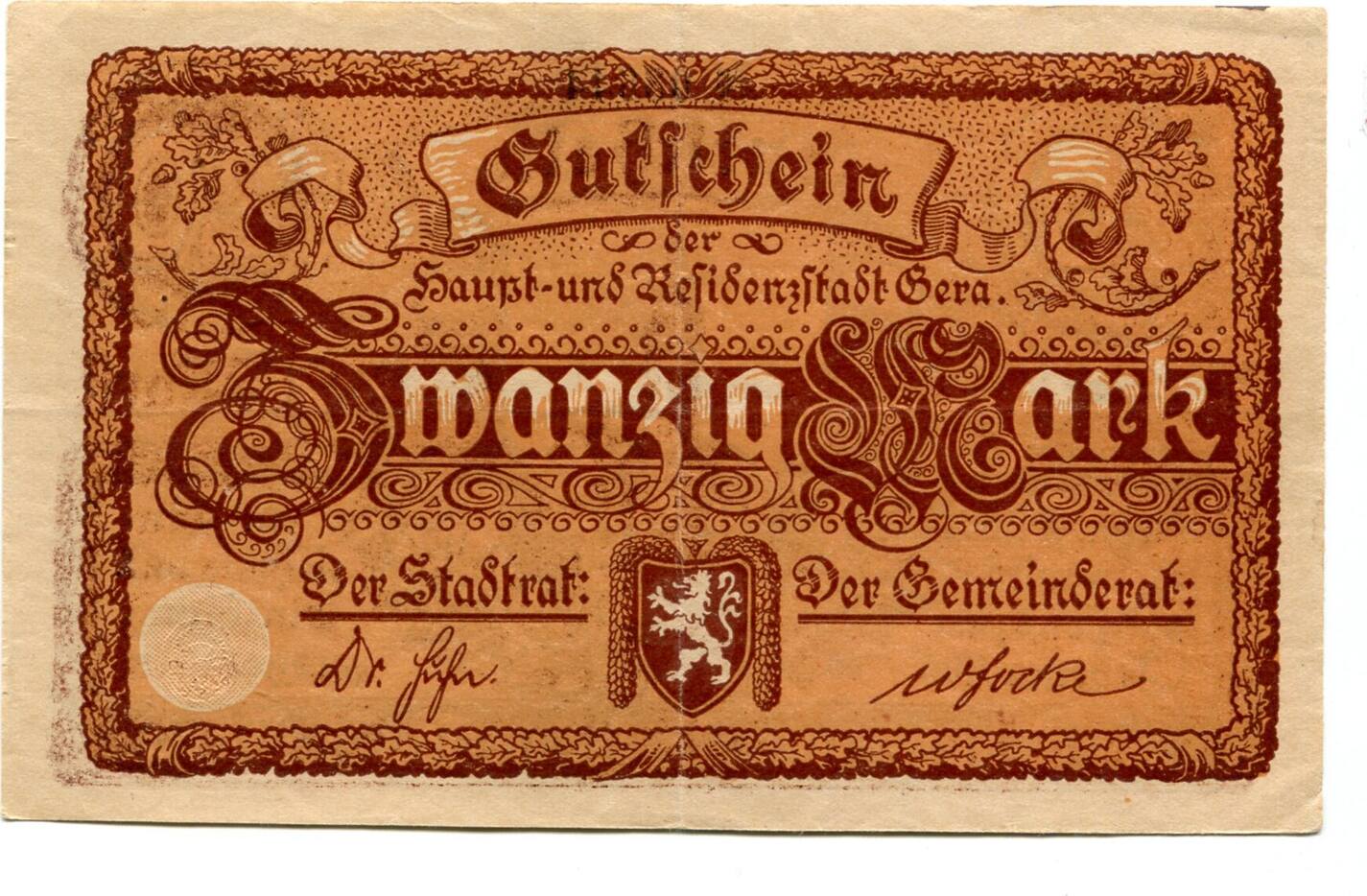 Thüringen 20 Mk. o.D.-1.2.1919 Gera, III | MA-Shops