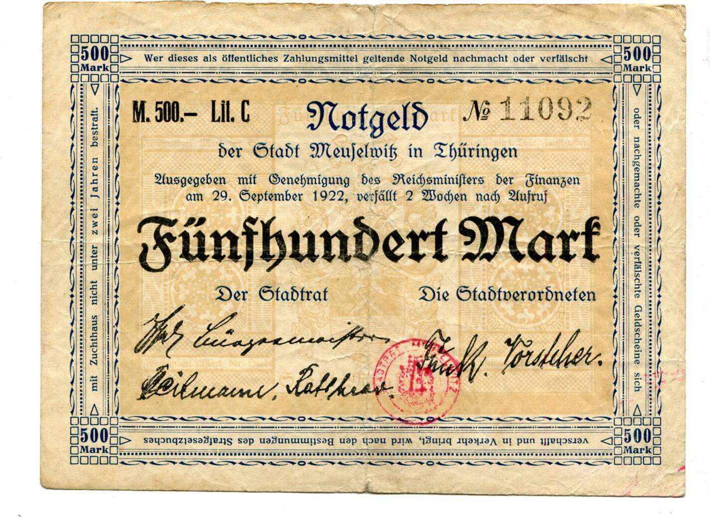 Thüringen 500 Mk. 29.9.1922 Meuselwitz, III | MA-Shops