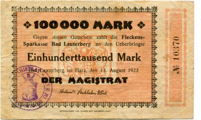 Niedersachsen 100 T.. Mk. 13.8.1923 Lauterberg,Bad,i.Haarz, III | MA-Shops