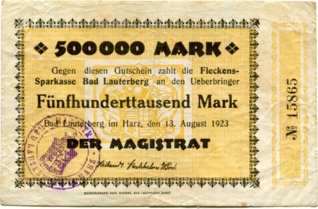 Niedersachsen 500 T. Mk. 13.8.1923 Lauterberg,Bad,i.Haarz, gebraucht ...