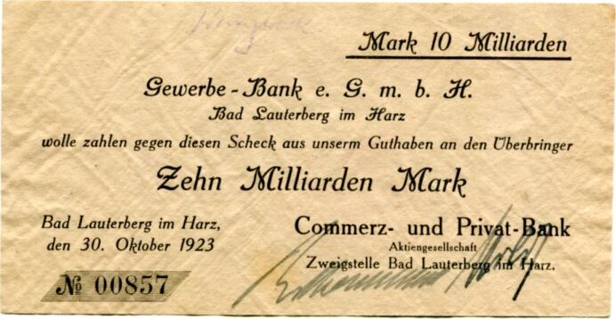 Niedersachsen 10 Md. Mk. 30.10.1923 Lauterberg,Bad,i.Haarz, II- | MA-Shops