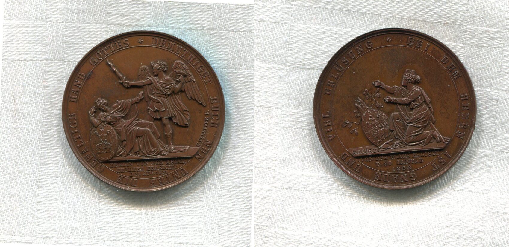 Medicina in Nummis, Br.Medaille Auf den Ausbruch der Cholera 1831 und das Ende am 30.01.1832 in ...