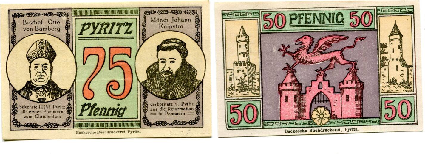 Pommern 50 Pfg. 75 Pfg. 1.11.1921 Pyritz, I/I- | MA-Shops