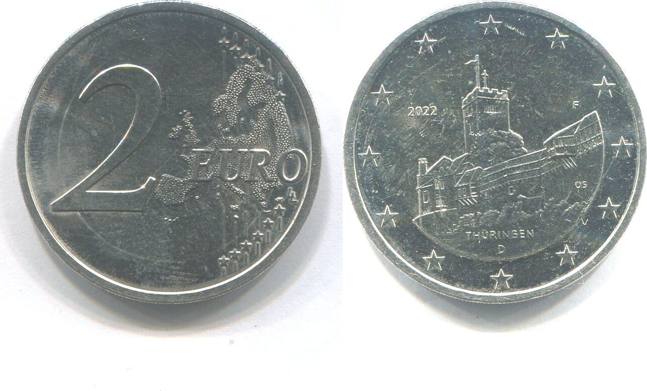 Deutschland, 2 Euro 2022F Gedenkmünze Thüringen Fehlprägung -Monometall ...