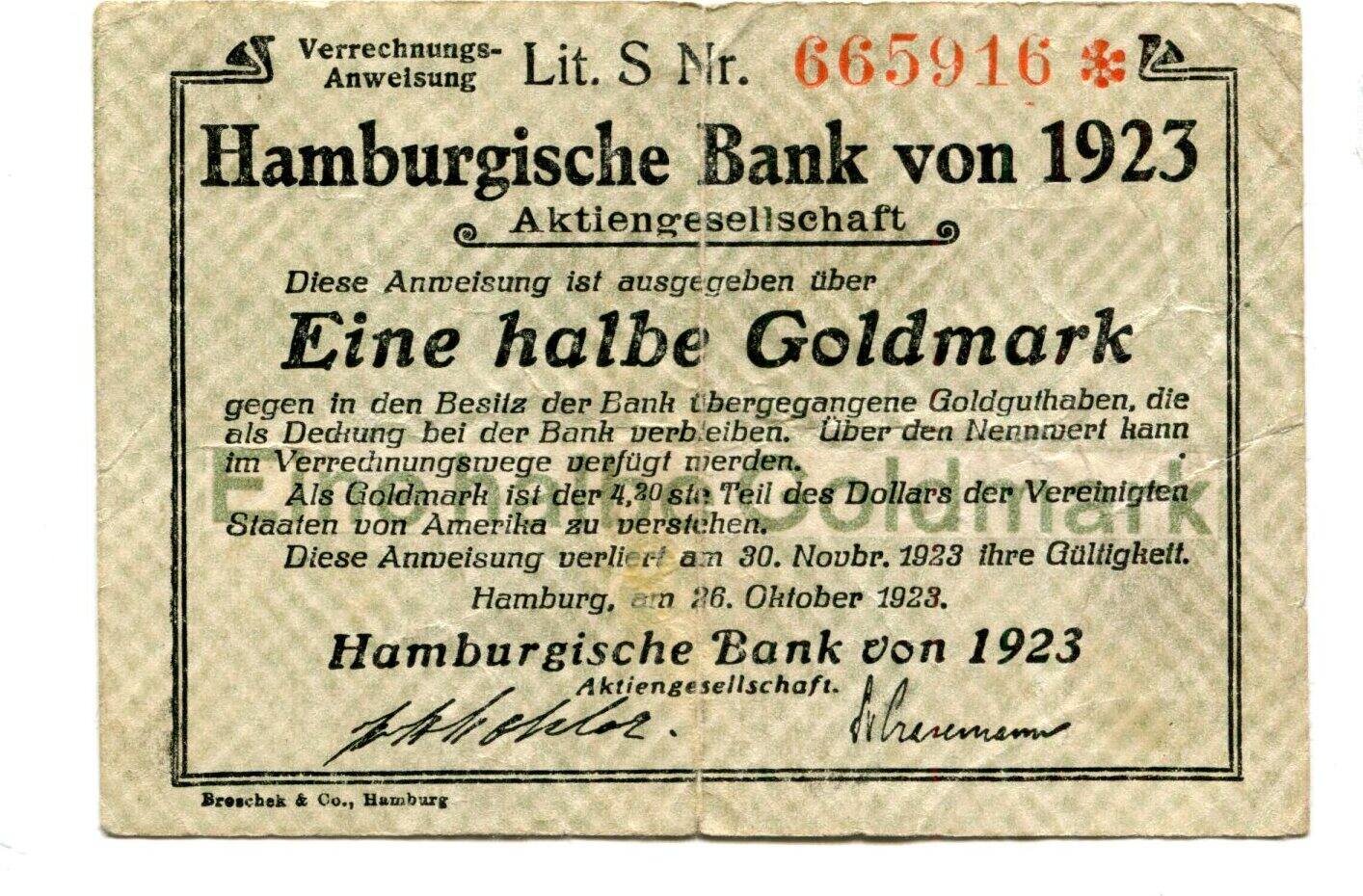 1/2 Gmk. 26.10.1923 Hamburg, gebraucht | MA-Shops
