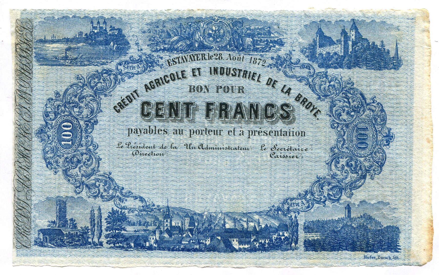Schweiz, 100 Francs 28.August 1872 Credit Agricole et Industriel de la ...