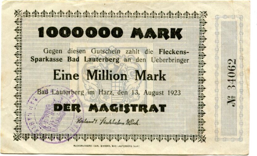Niedersachsen 1 Mio. Mark 13.8.1923 Lauterberg,Bad,i.Haarz, III | MA-Shops