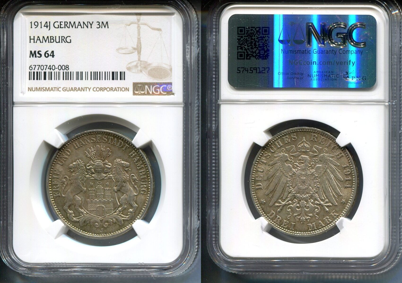Hamburg, 3 Mark 1914J NGC MS 64 | MA-Shops