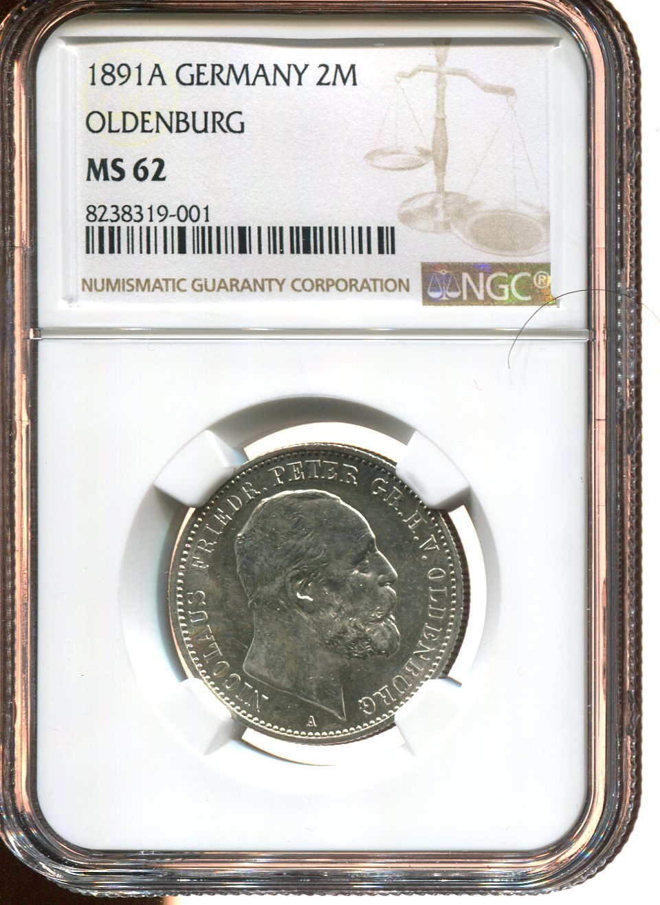 Oldenburg, 2 Mark 1891A Nicolaus Friedrich Peter 1853-1900, NGC MS 62 | MA-Shops