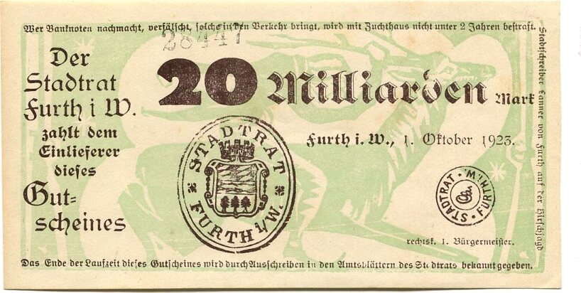 Bayern 20 Md. Mark 1.10.1923 Furth i.W., I/I- | MA-Shops