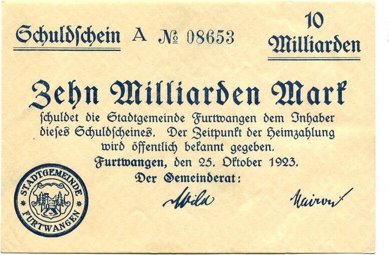 Baden 10 Md. Mark 25.10.1923 Furtwangen, unz | MA-Shops