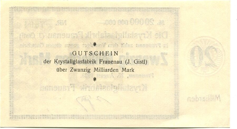 Bayern 20 Md. Mark 25.8.1923 Frauenau, Krystallglasfabrik (J.Gistl ...