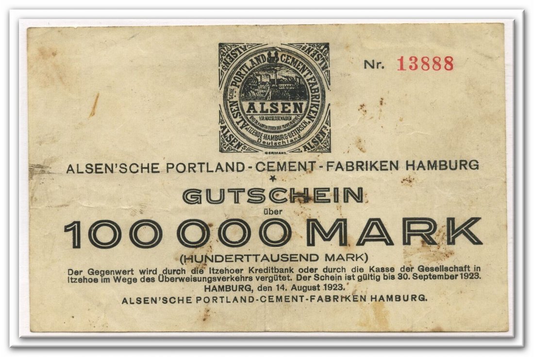 Deutschland 100.000 Mark 1923 ~ Hamburg / Alsen 'sche Portland Cement ...