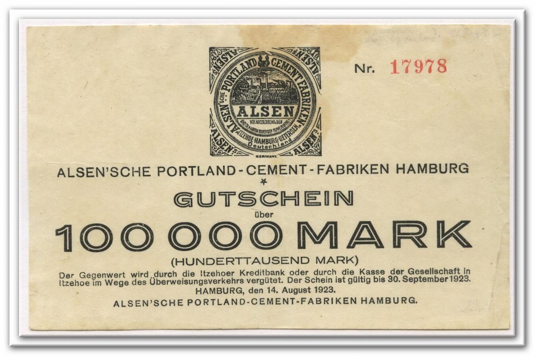 Deutschland 100.000 Mark 1923 ~ Hamburg / Alsen 'sche Portland Cement ...