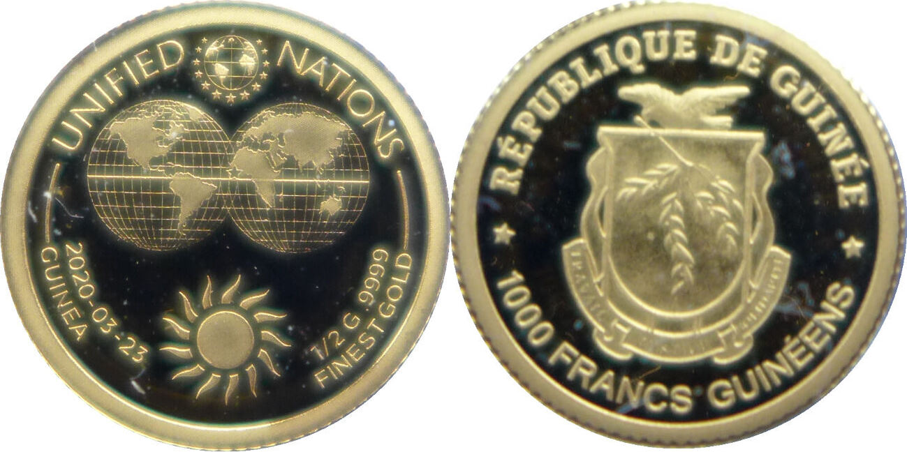 Guinea 1000 Francs 2020 Zwei Weltkugeln mit Sonne Prooflike | MA-Shops