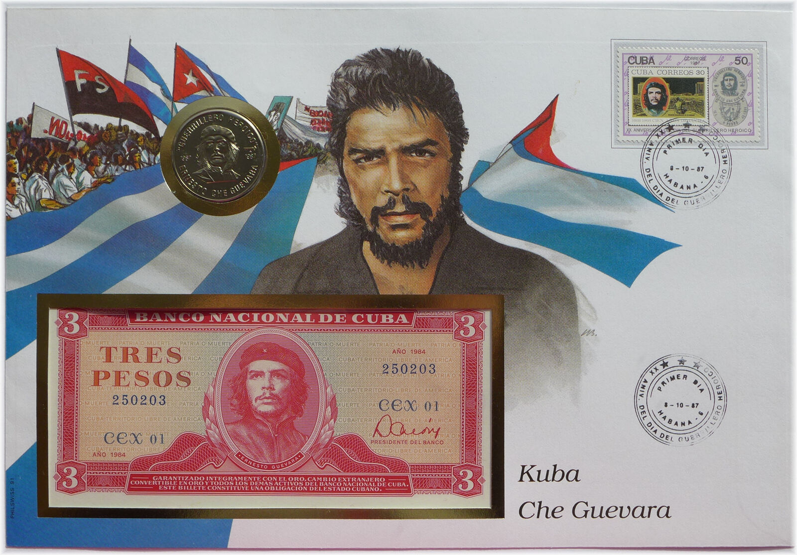 Kuba 1 Peso + 3 Peso Banknote 1987 Numisbrief mit Banknote und Münze ...