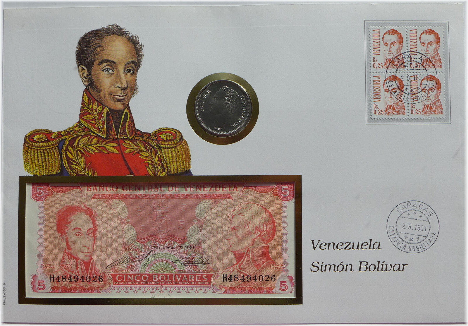 Venezuela 5 Bolivares + 5 Bolivares Banknote 1991 Numisbrief mit ...