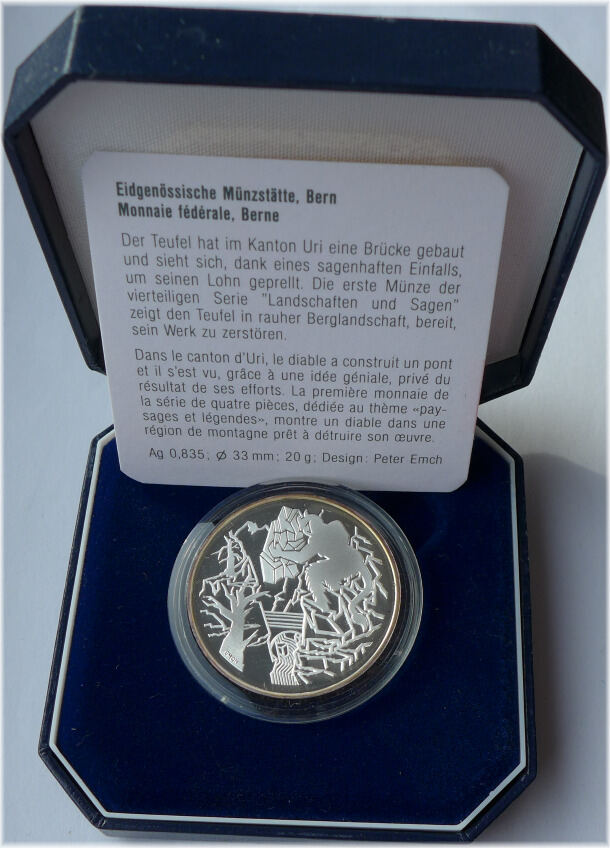 Schweiz 20 Franken 1994 B Teufelsbrücke PP, leicht andelaufen, kl. Milchflecken | MA-Shops