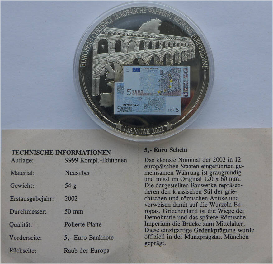 Deutschland Medaille 2002 Euro Banknoten Prägungen - 5 Euro Schein - PP ...