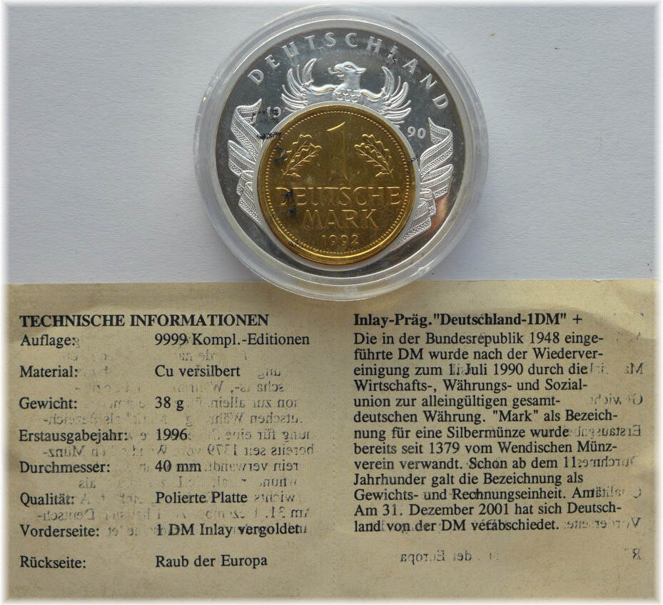 Medaille mit Inlay 1996 Das Geld Europas - Inlay Präg. Deutschland -1 ...