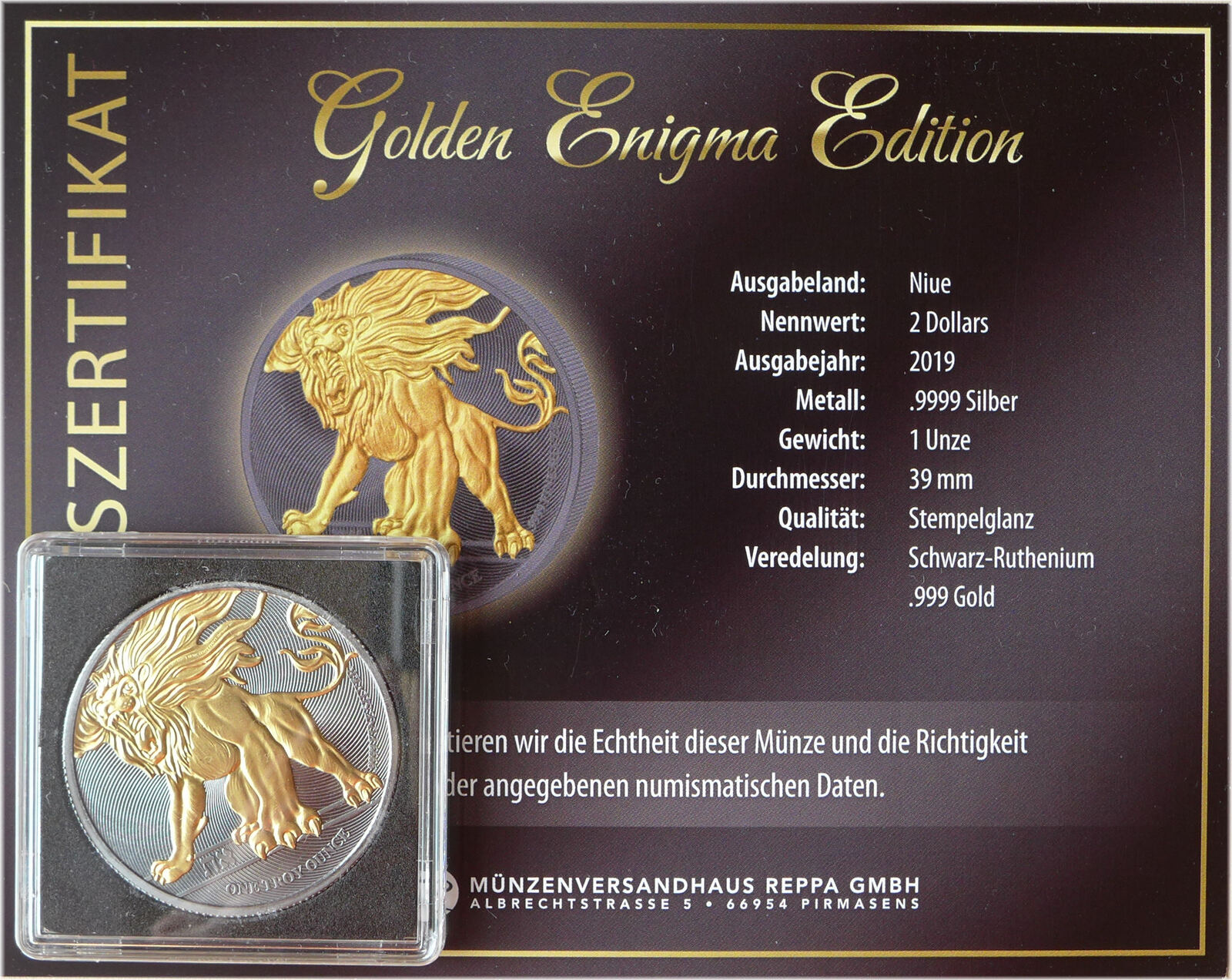 Niue 2 Dollars 2019 Golden Enigma Edition - Löwe- 1 Oz Ag mit Schwarz ...