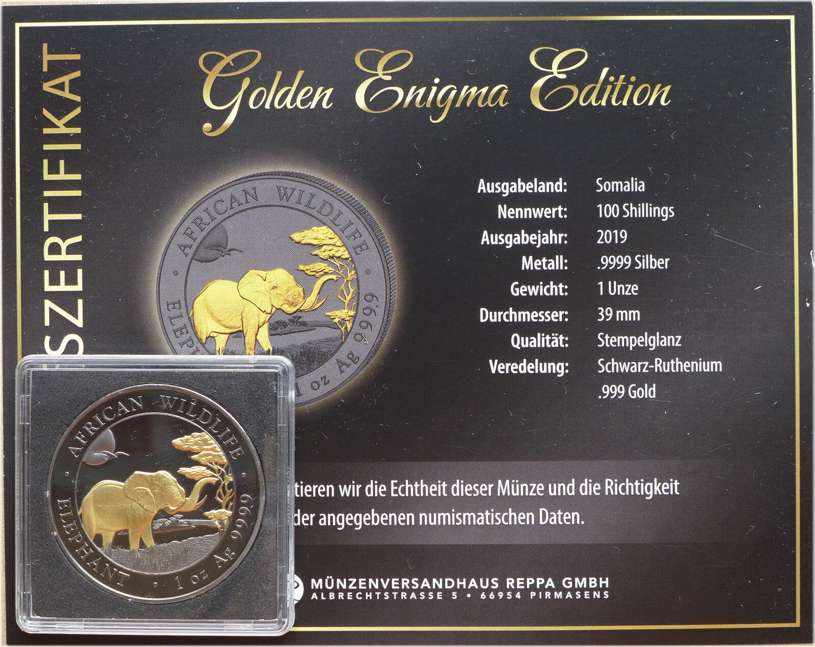 Somalia 100 Shillings 2019 Golden Enigma Edition - Elefant- 1 Oz Ag mit ...