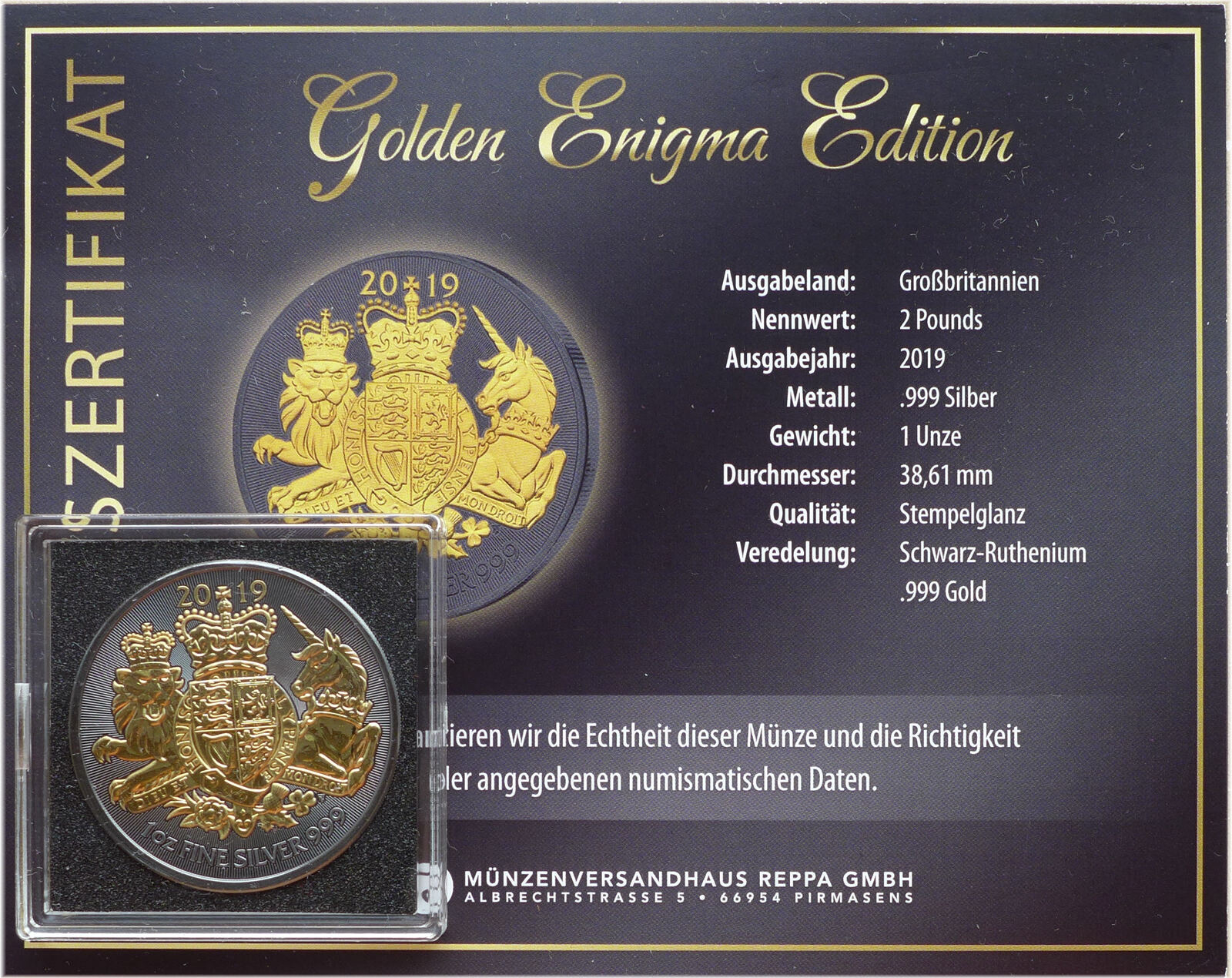 Großbritannien 2 Pounds 2019 Golden Enigma Edition - Royal Arms - 1 Oz ...