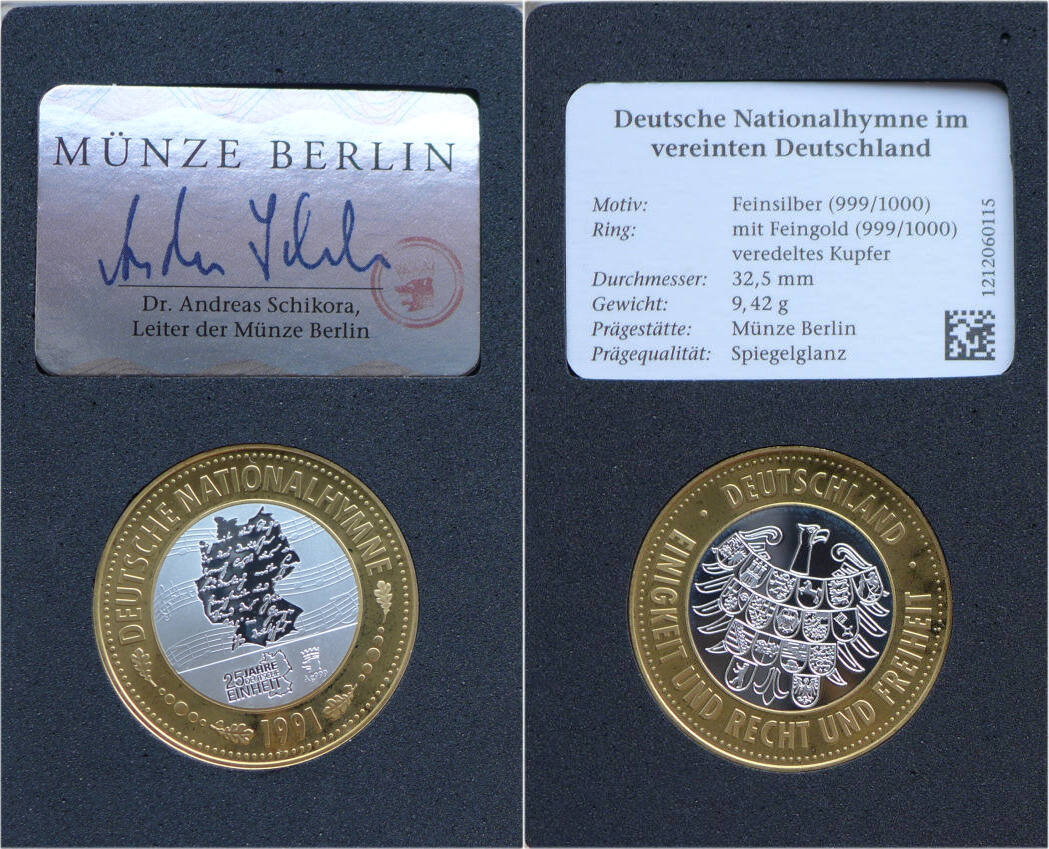 BRD Medaille 1991 25 Jahre Deutsche Einheit - Deutsche Nationalhymne Spiegelglanz | MA-Shops