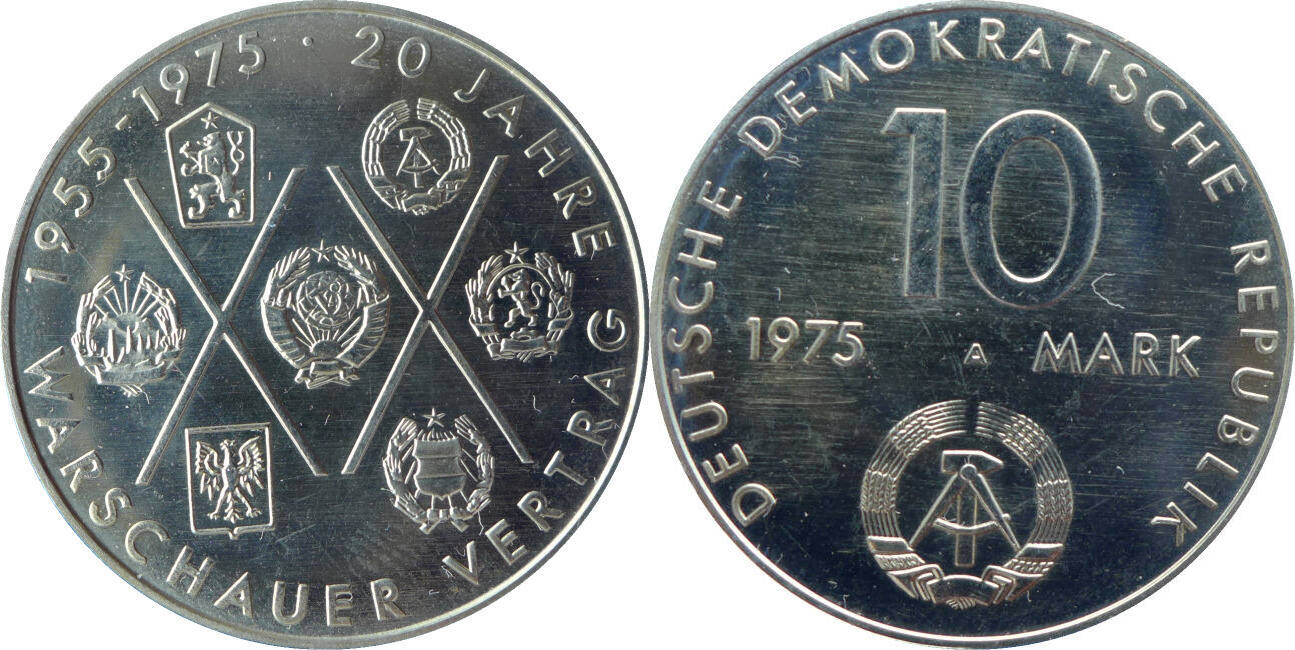 DDR 10 Mark 1975 A 20 Jahre Warschauer Vertrag vz, Kratzer, fleckig | MA-Shops