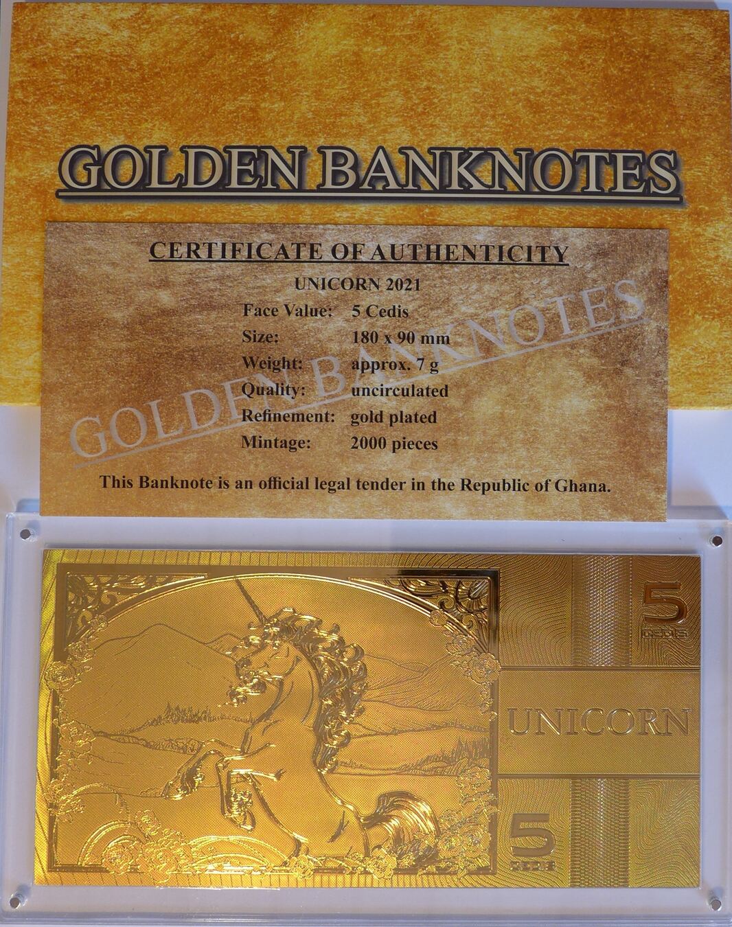 Ghana 5 Cedis 2021 Golden Banknotes - Unicorn/Einhorn - vergoldet unc ...
