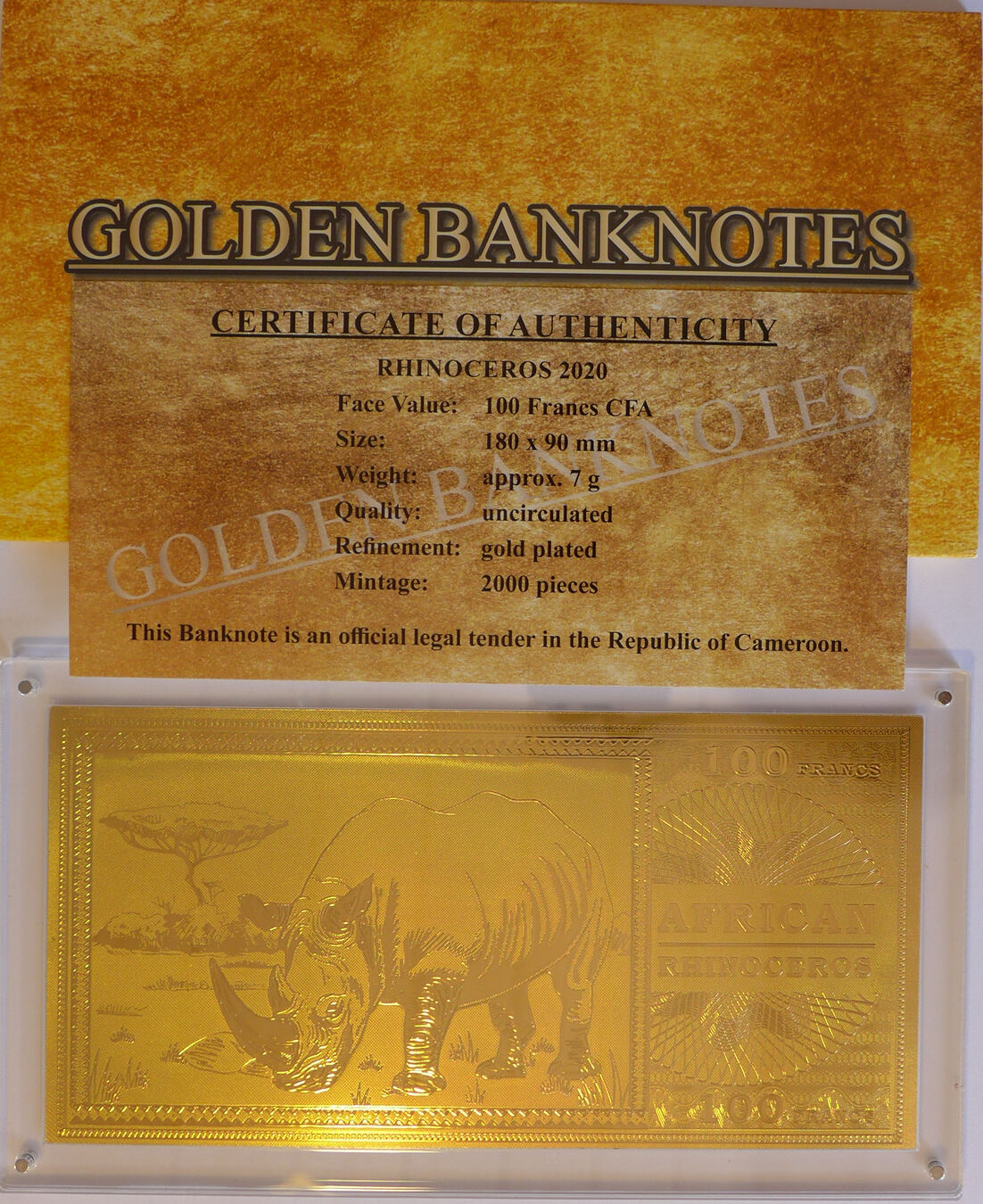 Kamerun 100 Francs CFA 2020 Golden Banknotes - Rhinoceros/Nashorn ...