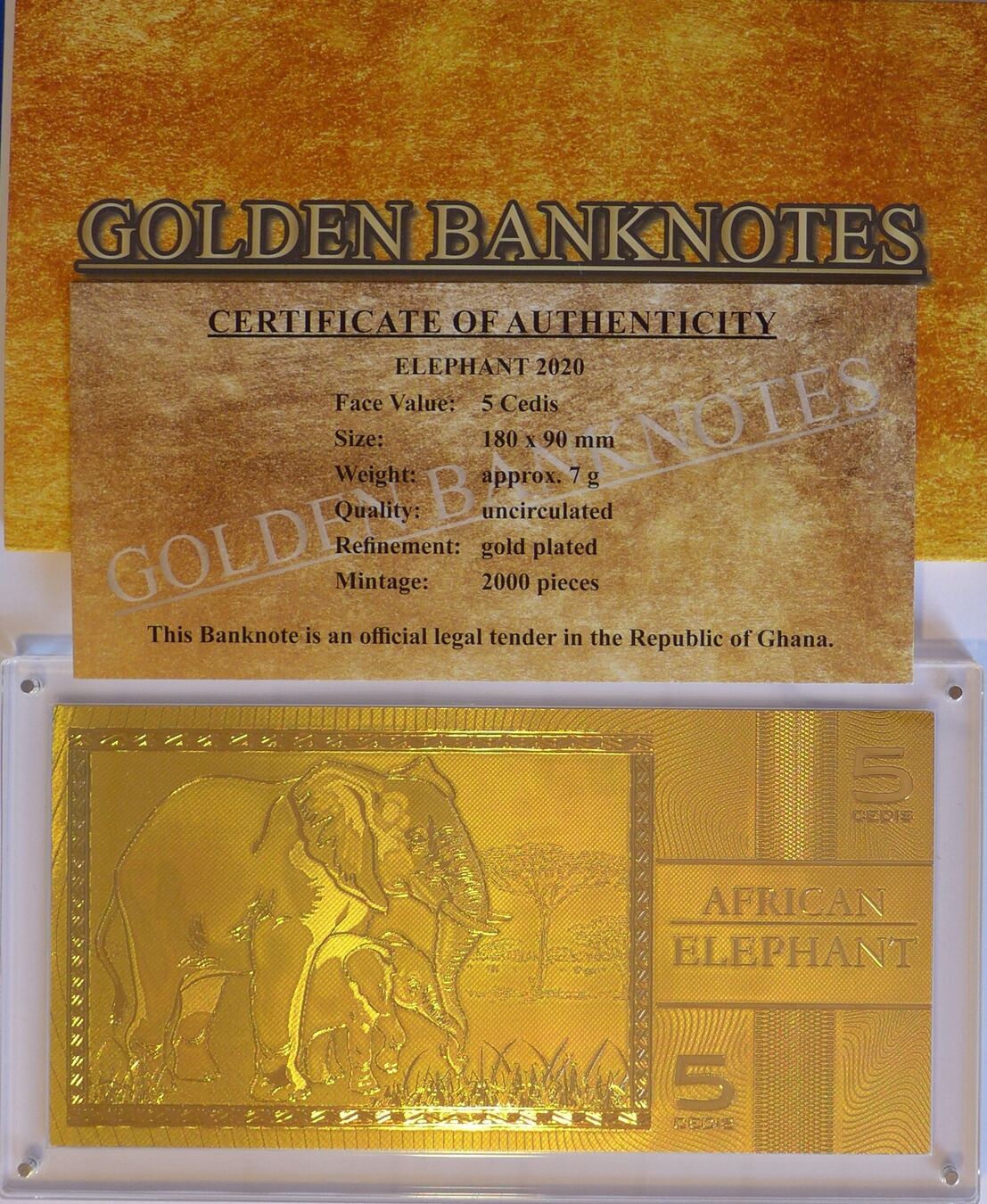 Ghana 5 Cedis 2020 Golden Banknotes - Elephant/Elefant - vergoldet unc ...