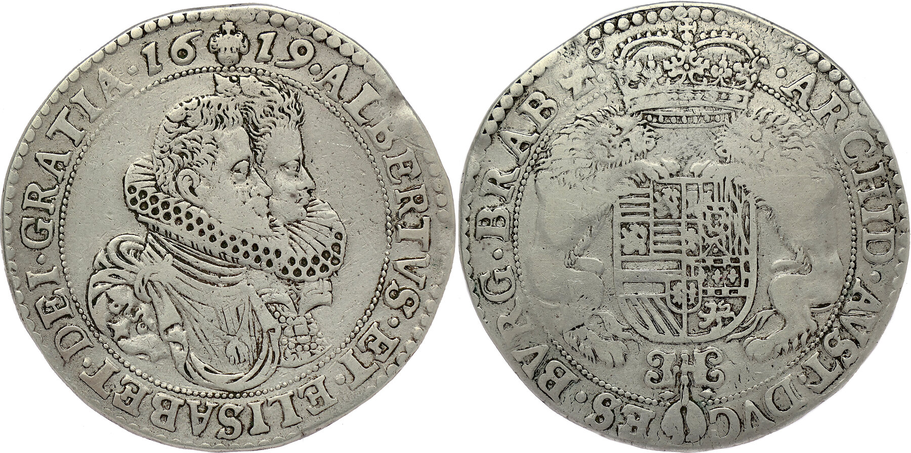 SOUTHERN NETHERLANDS Ducaton 1619 Duchy of Brabant - Albrecht & Isabella - Brussels Mint fast ss ...