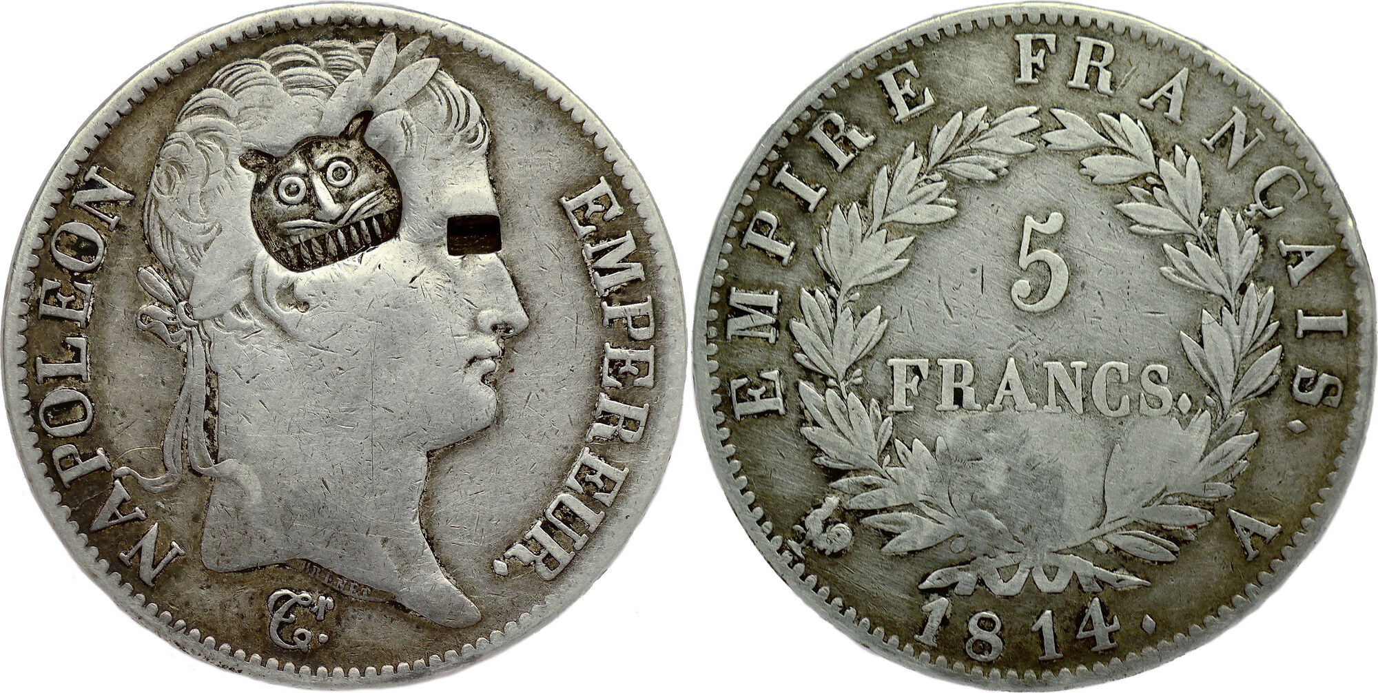 FRANCE 5 Francs with tiger head countermark 1814 A Napoleon I - HIGHEST ...