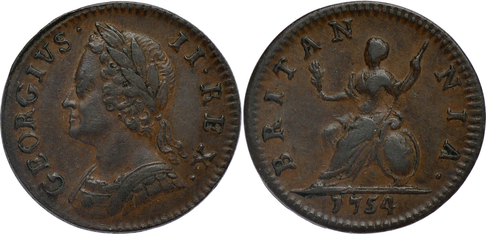 GREAT BRITAIN Farthing 1754 George II ss | MA-Shops