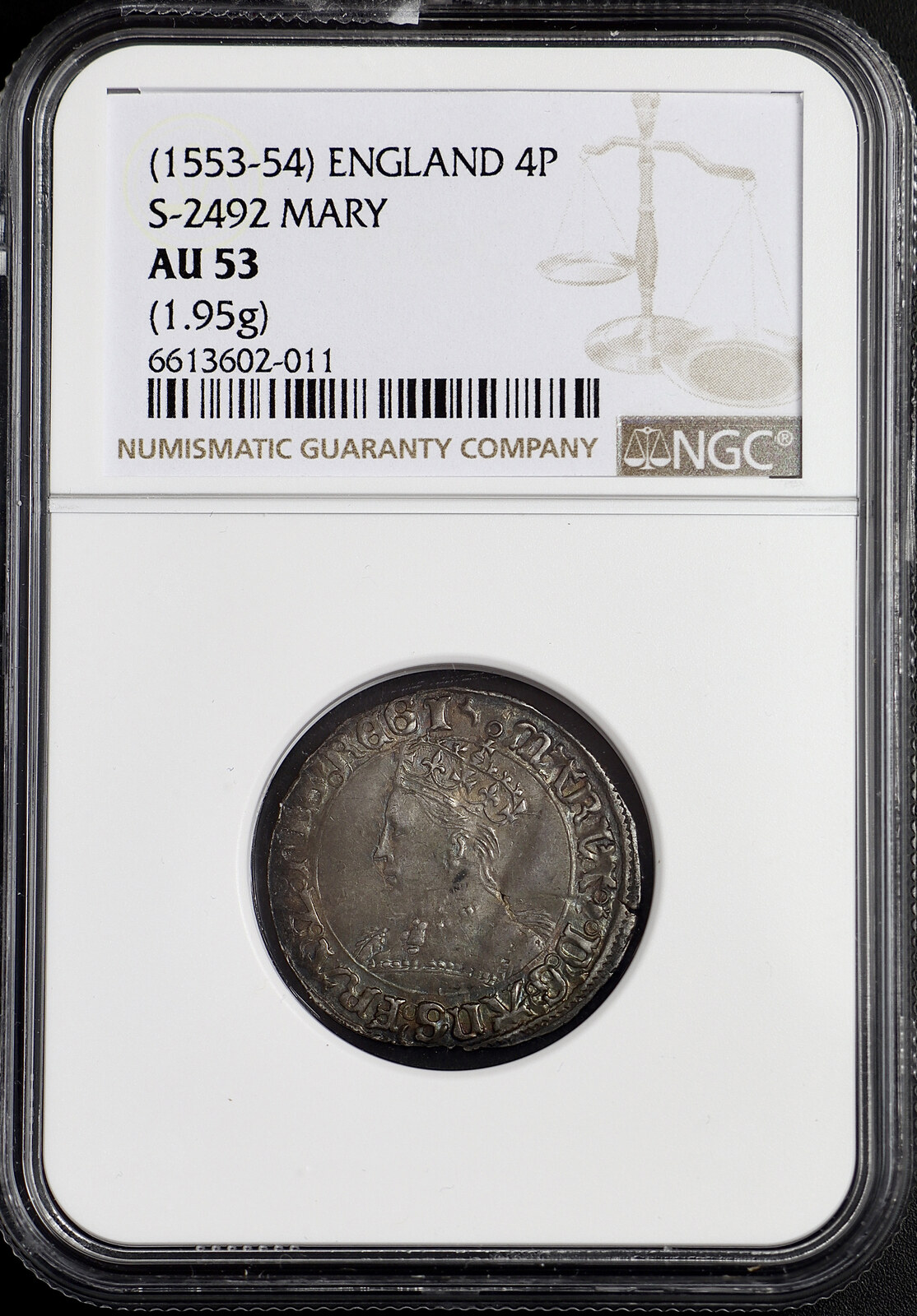 ENGLAND Groat n.d. (1553-54) Mary I - mm. pomegranate NGC AU 53 | MA-Shops