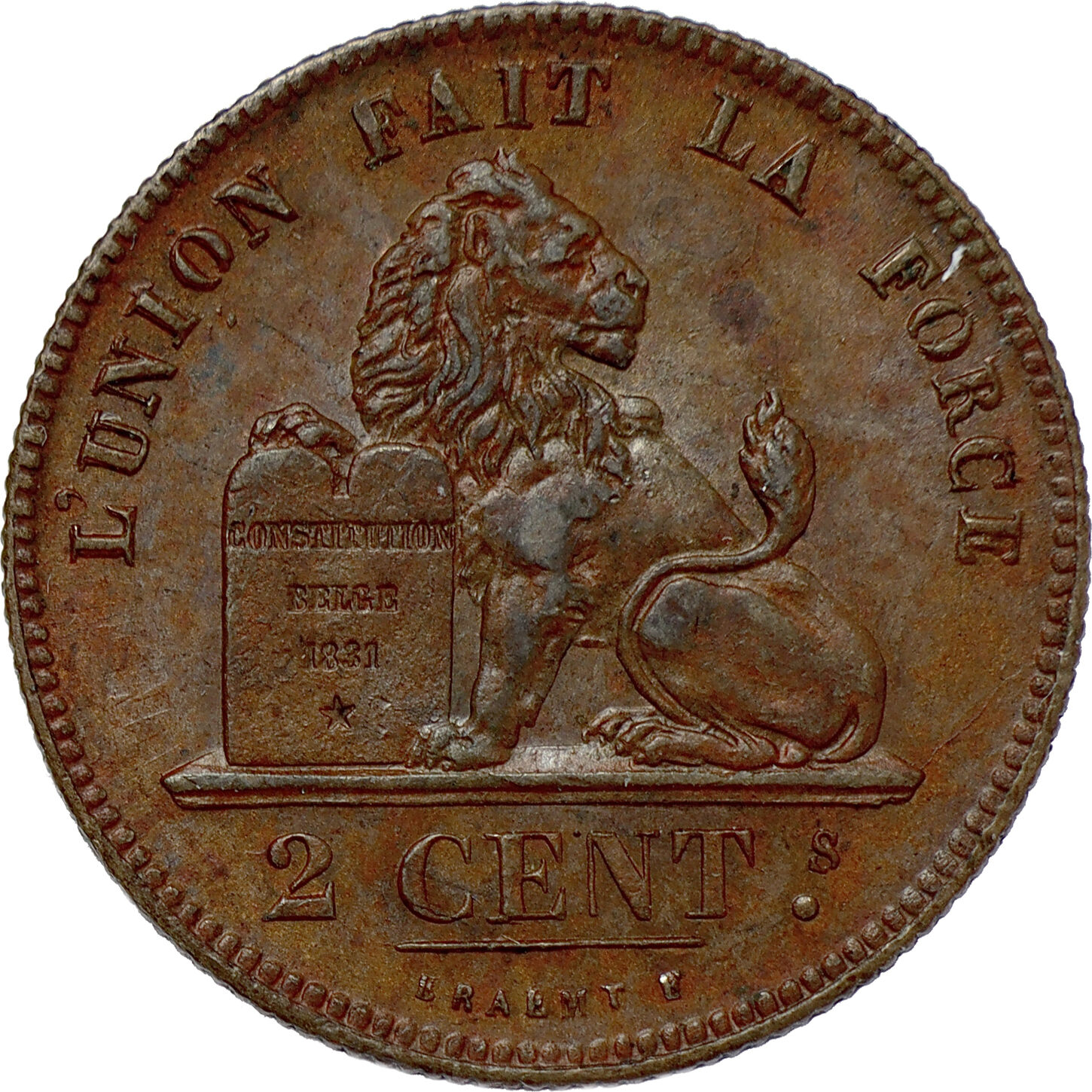 Belgium 2 Centimes 1836 Leopold I - struck on Dutch 1 Cent of Willem I ...