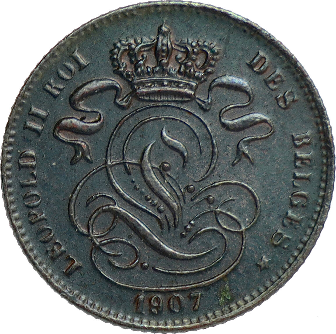Belgium 1 Centime 1907 over 807 FR Leopold II - unlisted overdate ...
