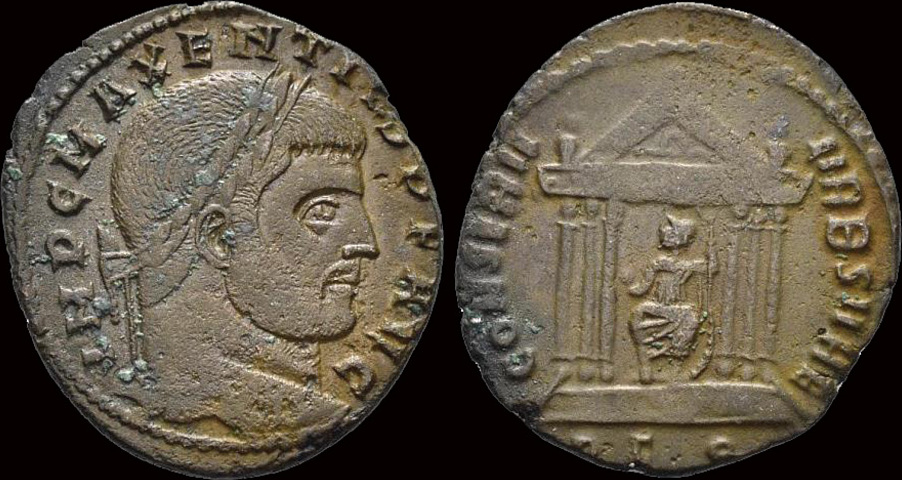 Roman 307-310AD Maxentius AE follis Roma in hexastyle temple EF | MA-Shops