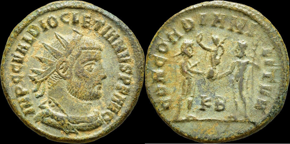 Roman 284-305AD Diocletian AE post reform radiate emperor receiving ...