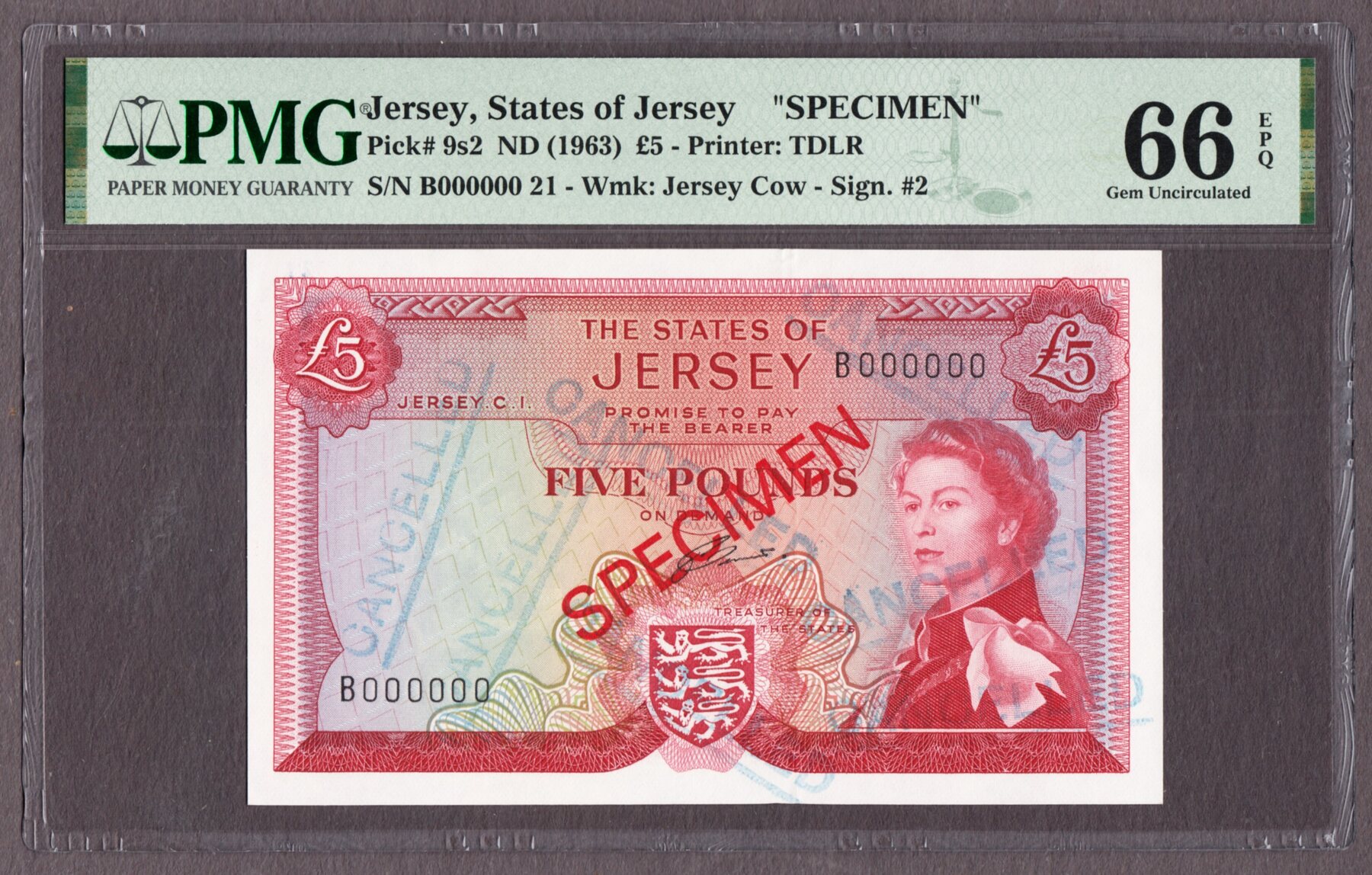 Jersey 5 Pounds 1963 QEII SPECIMEN / CANCELLED Pick-9s2 GEM UNC PMG 66 EPQ | MA-Shops