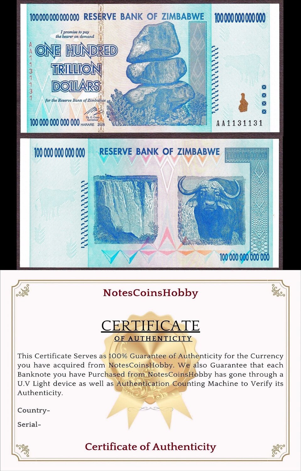 Zimbabwe 100 Trillion 2008 AA Pick-90 U.V Passed with C.O.A UNC | MA-Shops