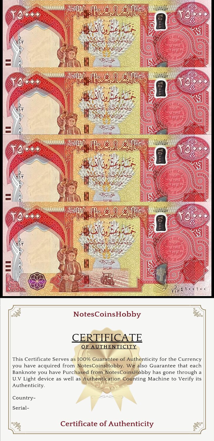 Iraqi Dinar 100,000 (4 x 25000) AUTHENTIC With COA 2020-24 UNC SHIP ...