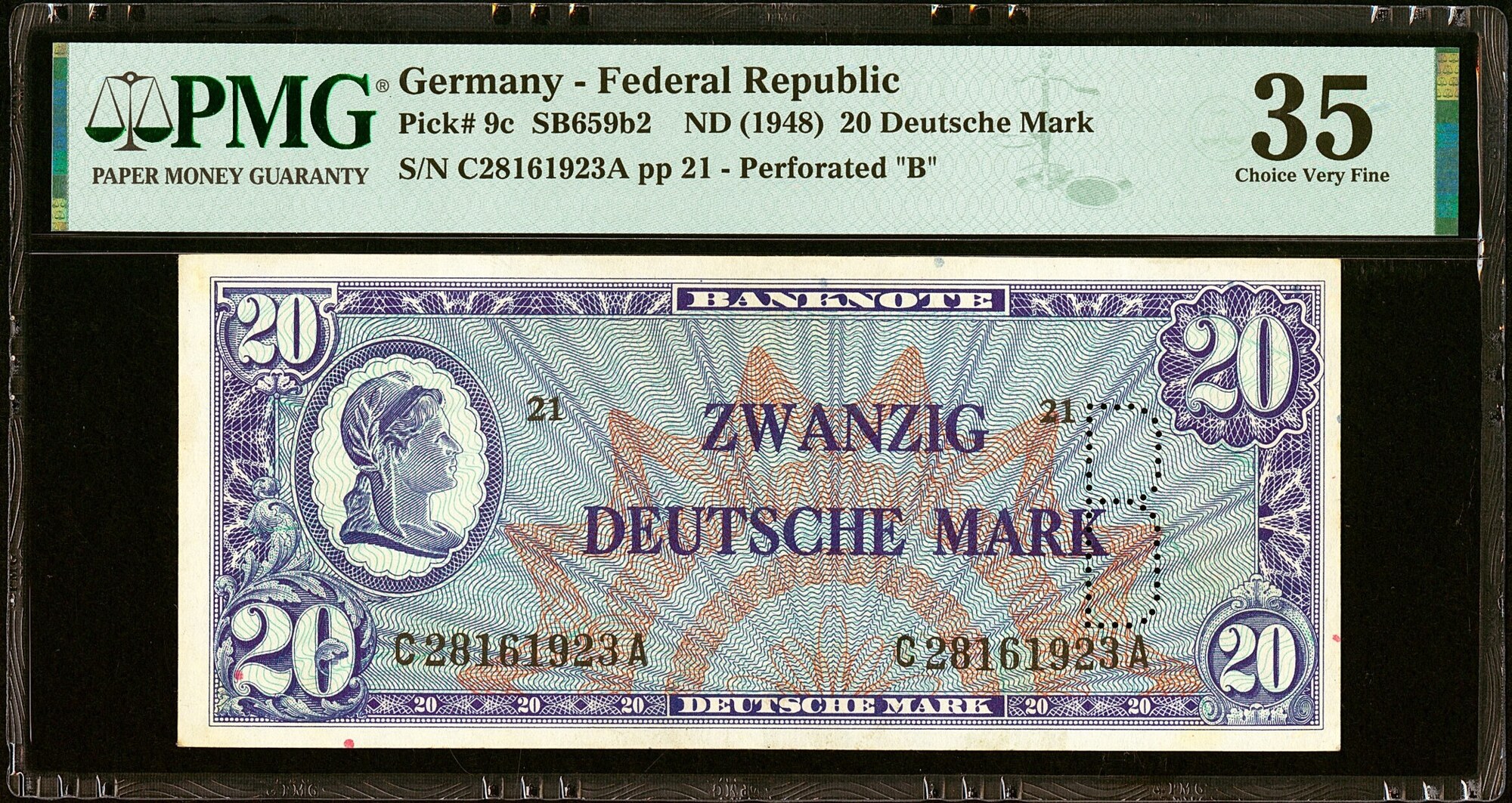 Germany Federal Republic 20 Mark 1948 Perforated 'B' P-9c VF PMG 35 ...