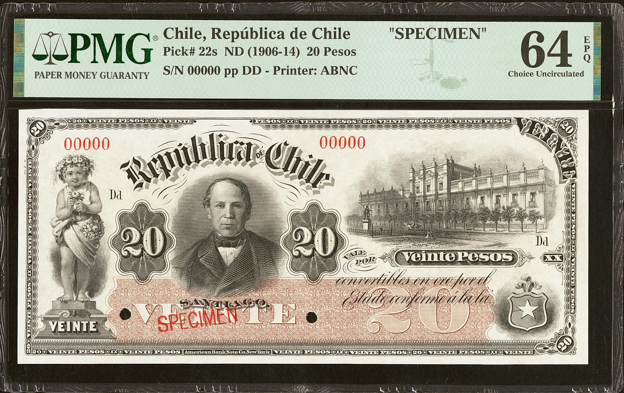 Chile 20 Pesos SPECIMEN ND (1906-14) Pick-22s CH UNC PMG 64 EPQ | MA-Shops