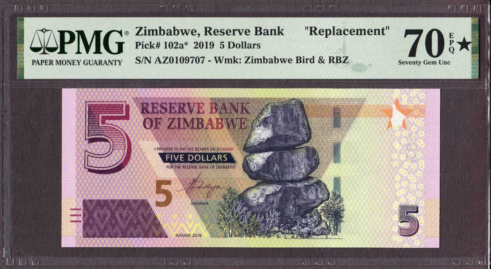 Zimbabwe $5 REPLACEMENT 2019 AZ 0109707 P-102a* SUPERB GEM UNC PMG 70 ...